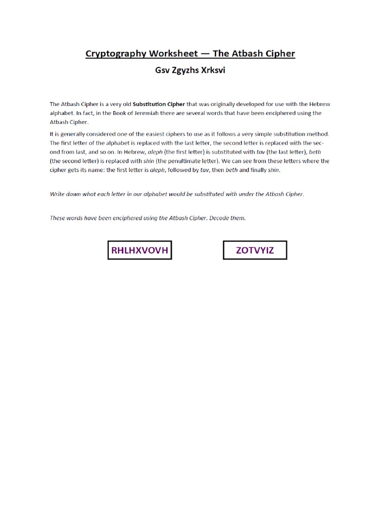 Cryptography 1 - Atbash Cipher Student | PDF