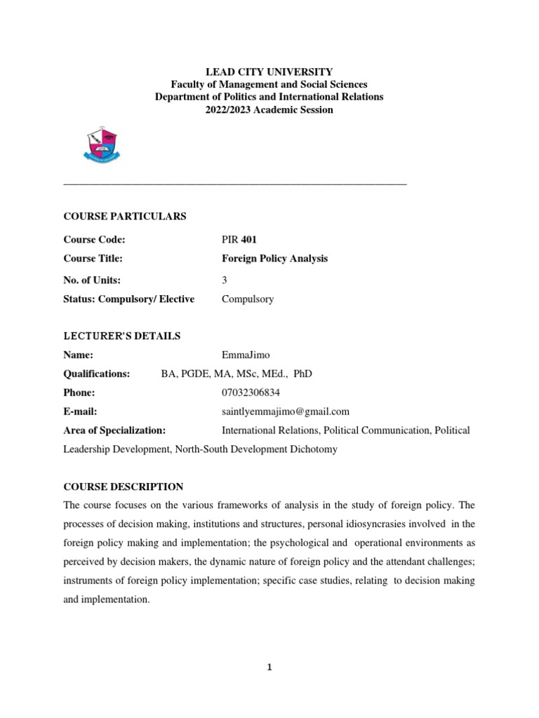 Analysis of Foreign Policy: A Course Outline for PIR 401 at Lead City ...