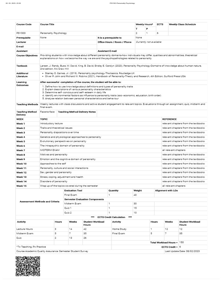 PSY303 Personality Psychology | PDF | Teaching Method | Personality Psychology