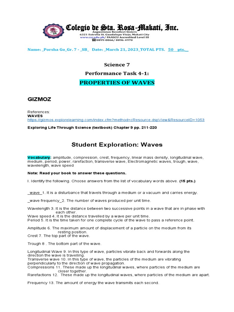 Properties of Waves Performance Task | PDF | Waves | Wavelength