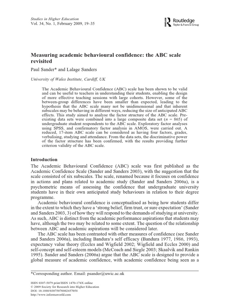 Measuring Academic Behavioural Confidence The ABC Scale Sander and ...