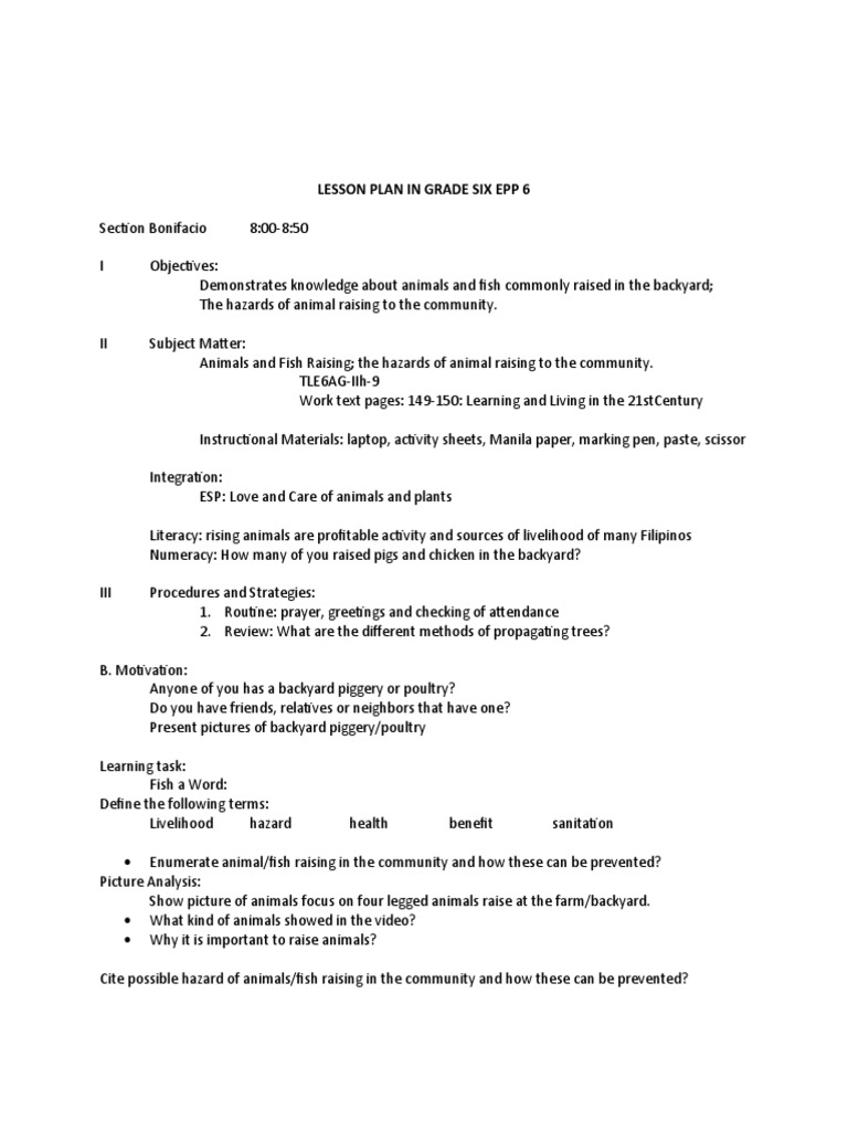EPP Lesson Plan: Animal and Fish Raising | PDF | Meat