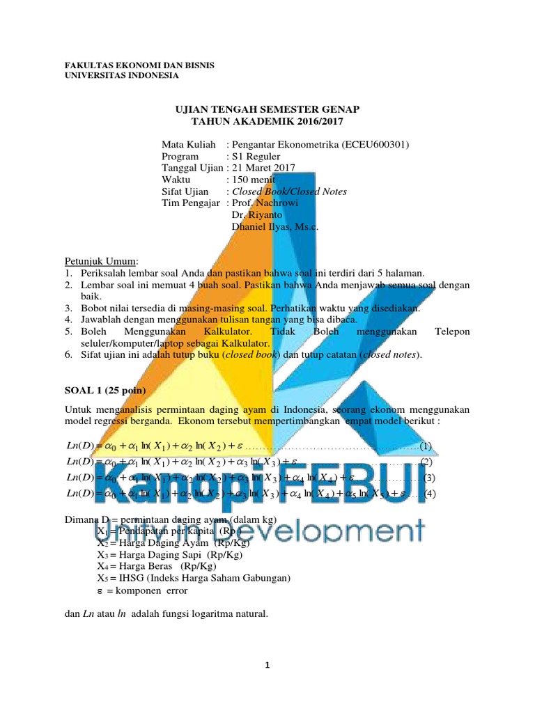 SOAL UTS Pengantar Ekonometrika Genap 2016 2017 Paralel | PDF