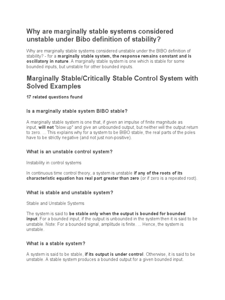 Why Are Marginally Stable Systems Considered Unstable Under Bibo ...