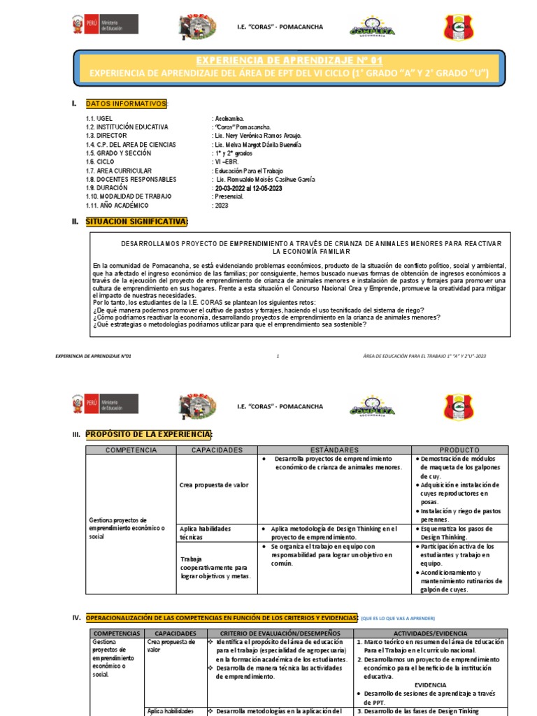 01-EXP. APRENDIZAJE EPT 1° y 2° GRADOS | PDF | Evaluación | Iniciativa empresarial