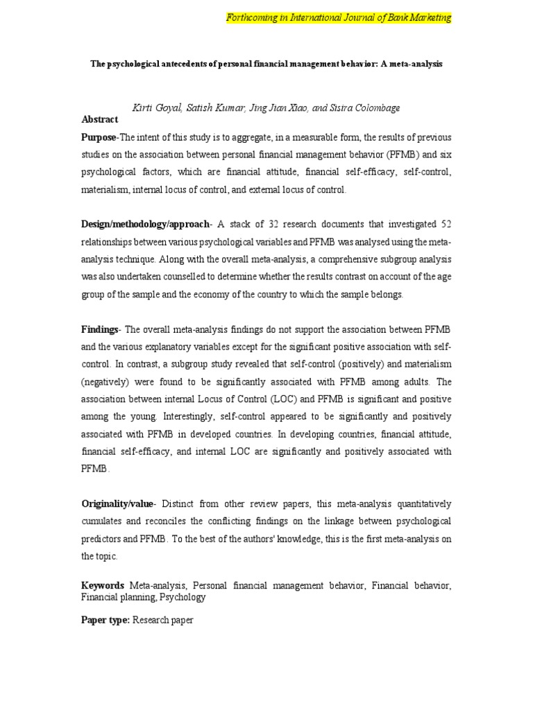 The Psychological Antecedents of Personal Financial Management Behavior - A Meta-Analysis | PDF
