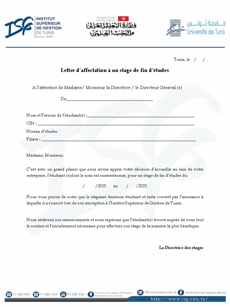 Lettre d'affectation de stage étudiant | PDF | Évolution de carrière