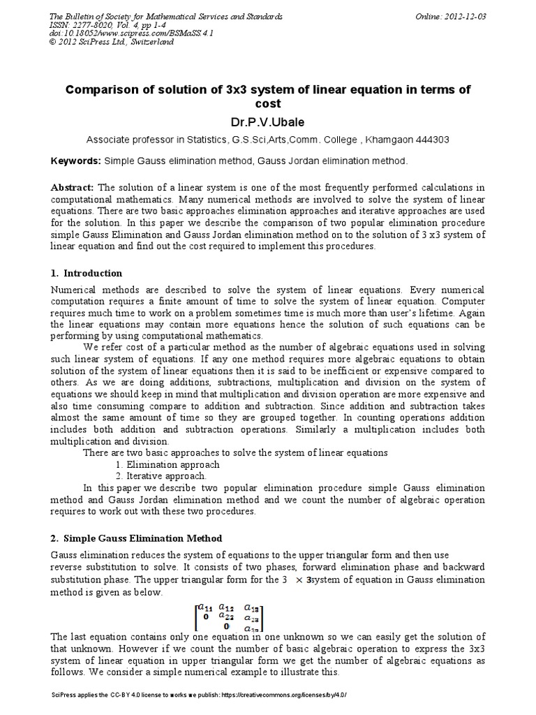 Comparison Of Solution Of 3x3 System Of Linear Equ Pdf Equations