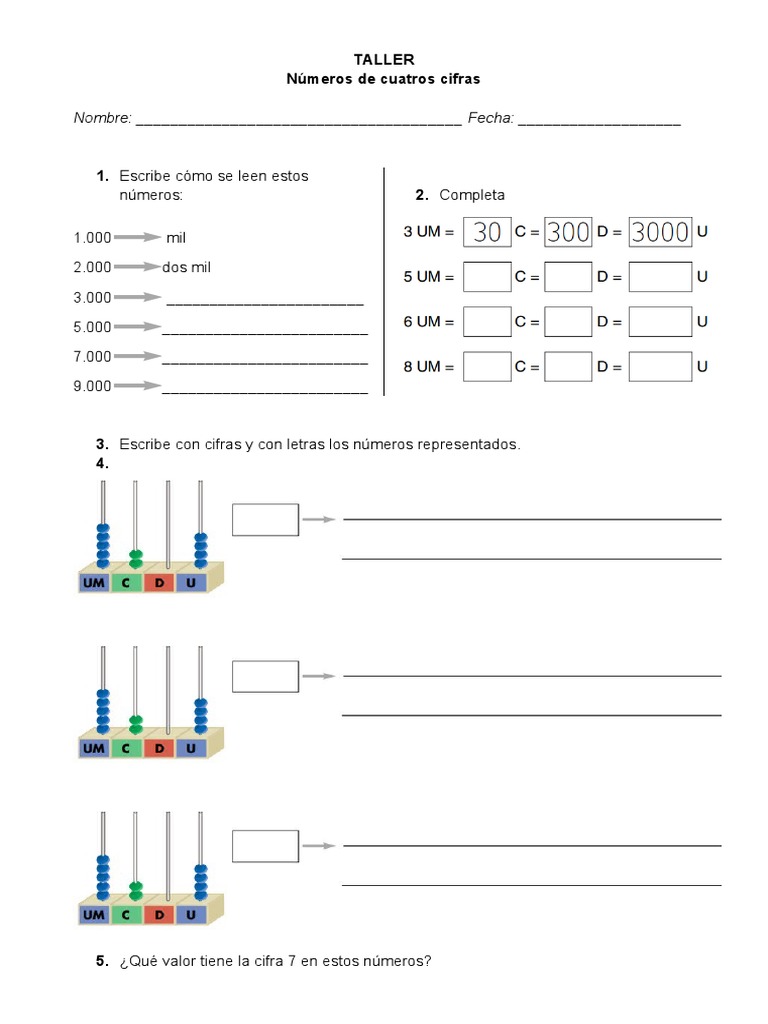 TALLER Números de Cuatro Cifras | PDF