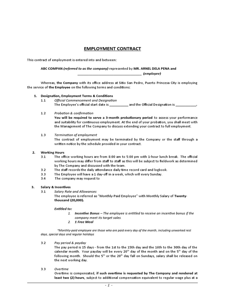 3-Month Probation Employment Contract | PDF | Employment | Overtime