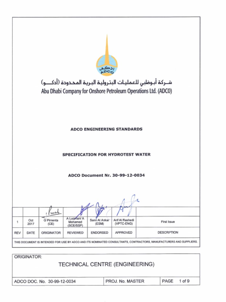 Specification For Hydrotest Water | PDF | Water | Chemistry