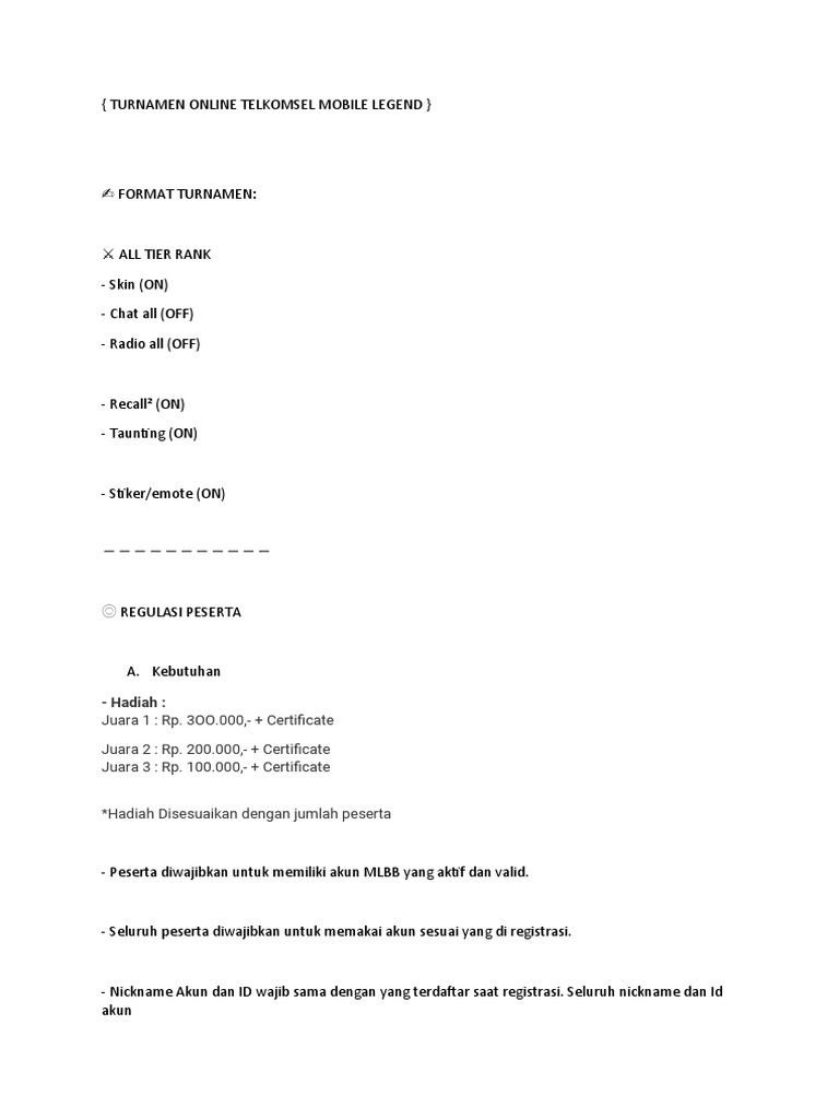 Turnamen Telkomsel MLBB: Aturan & Hadiah | PDF | Game & Aktivitas | Komputer