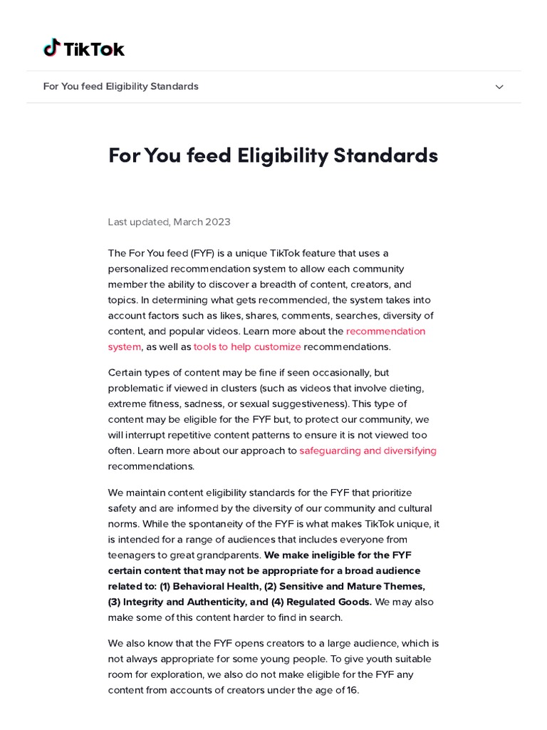 Community Guidelines - TikTok - March 2023 - ForYou Feed Eligibility Standards | PDF ...