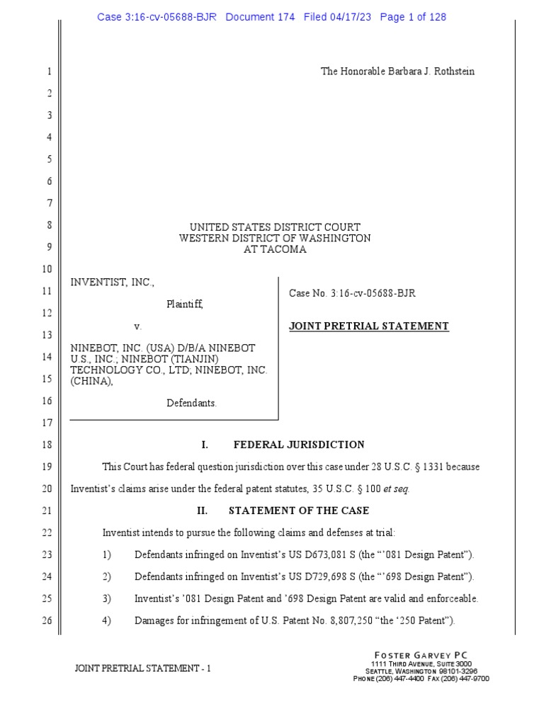 Inventist v. Ninebot - Joint Pretrial Statement | Download Free PDF ...