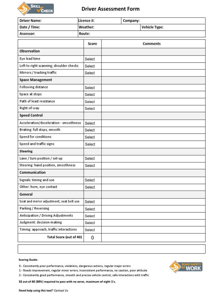 Driver Evaluation Checklist | PDF