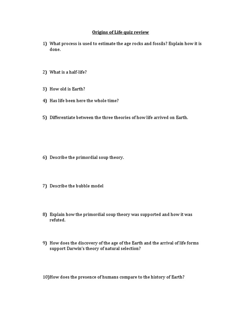 Origins of Life Quiz Review | PDF