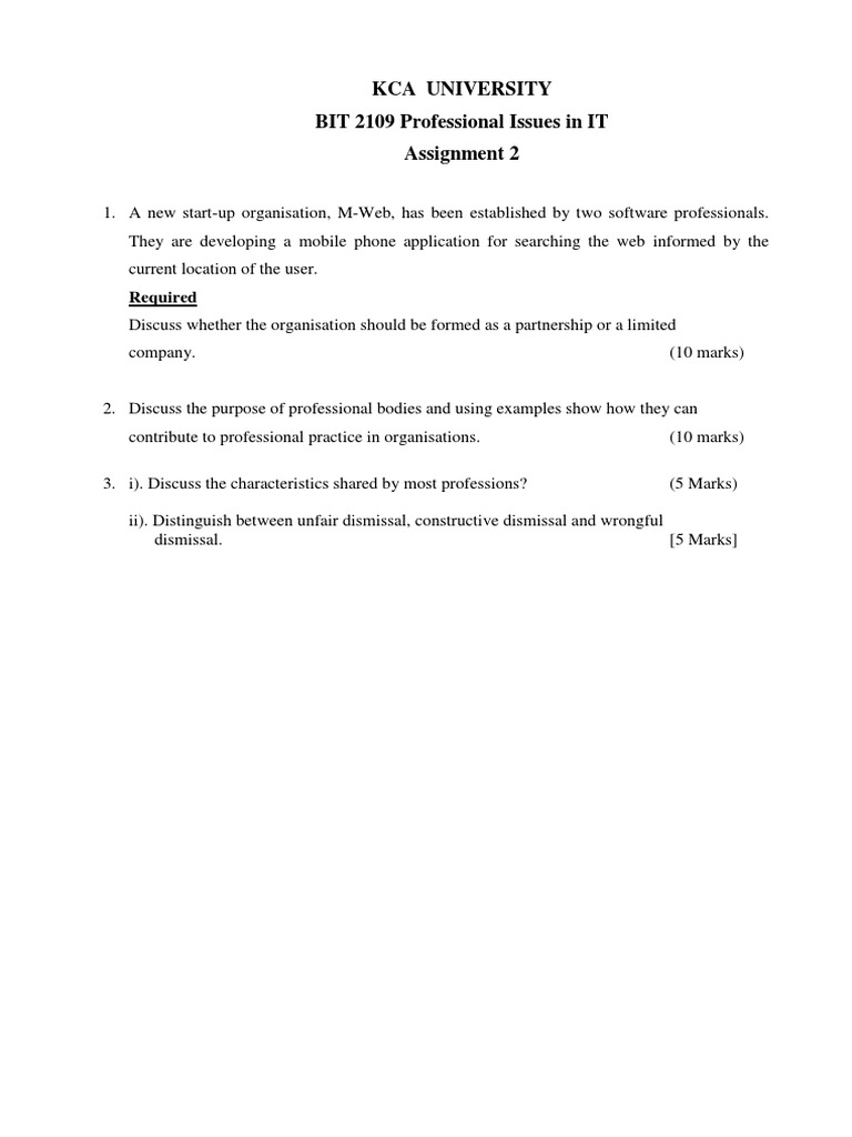 Kca University BIT 2109 Professional Issues in IT Assignment 2 | PDF | Finance & Money Management