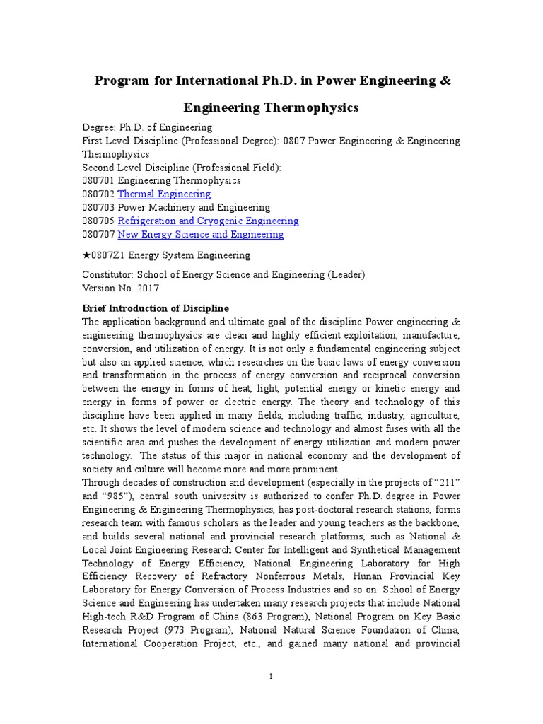 International Ph.D. Program in Power Engineering & Engineering Thermophysics at Central South ...
