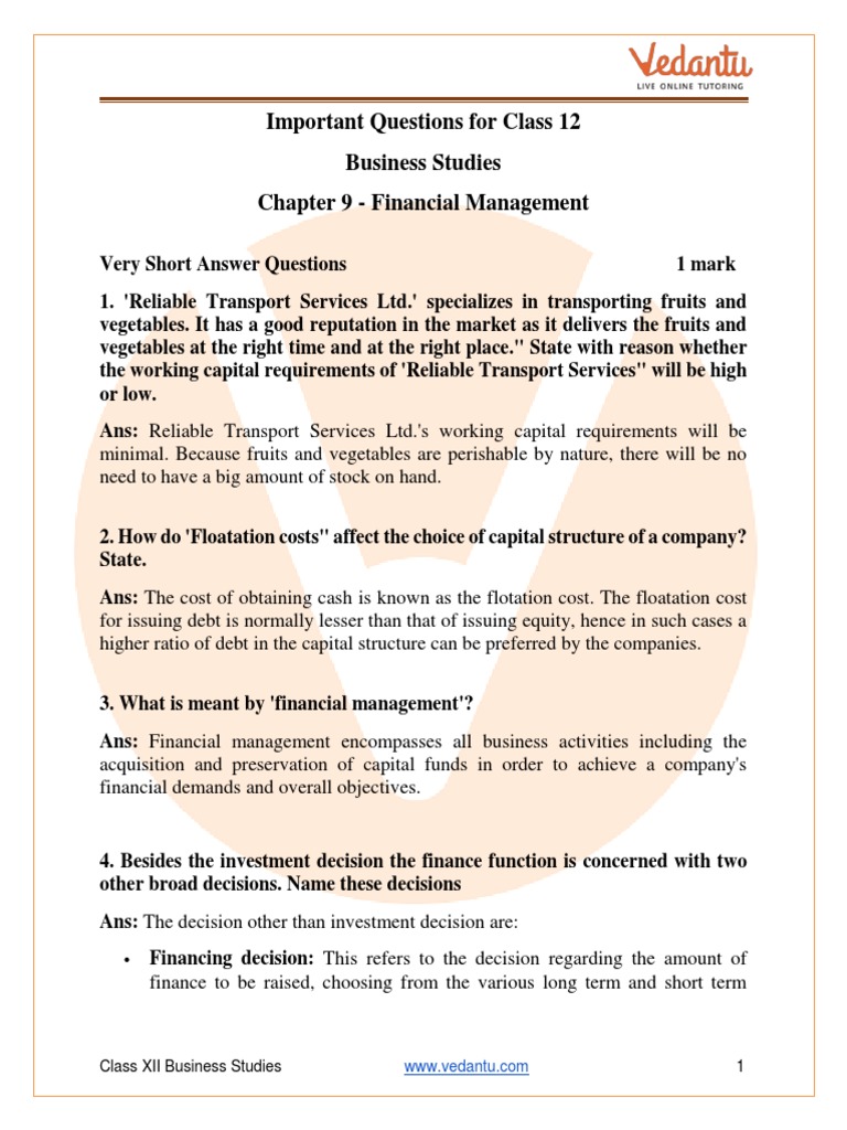 Important Questions For CBSE Class 12 Business Studies Chapter 9 | Download Free PDF | Capital ...
