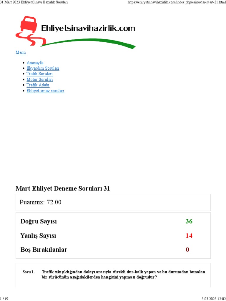31 Mart 2023 Ehliyet Sınavı Hazırlık Soruları1 | PDF