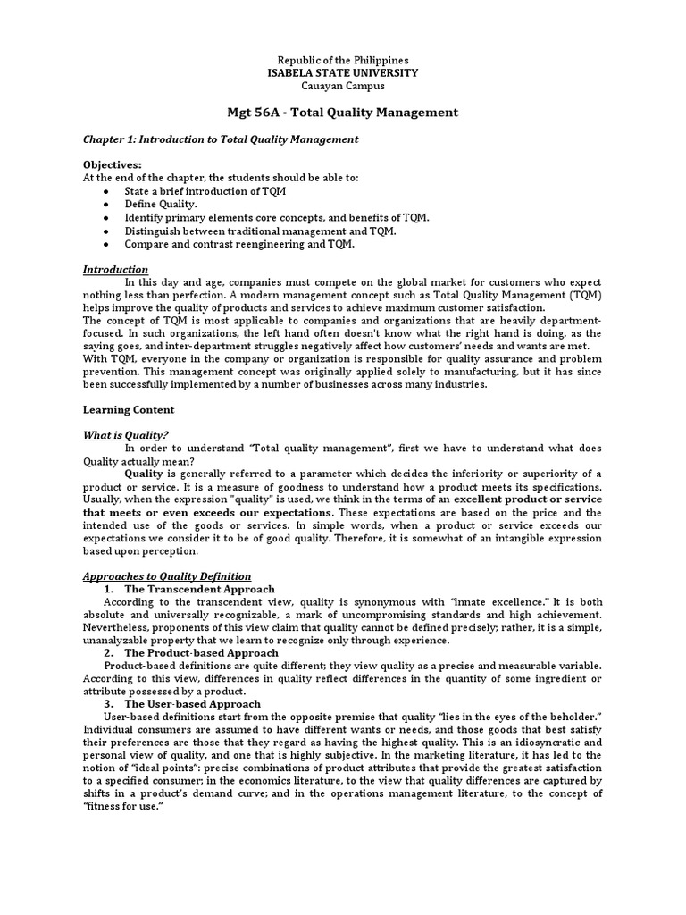 Chapter 1 Introduction To Total Quality Management 2 | PDF | Quality (Business) | Quality Management