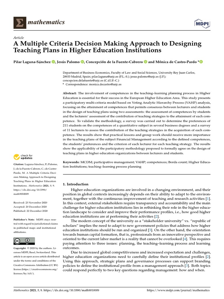 A Multiple Criteria Decision Making Approach To Designing Teaching Plans in Higher Education ...