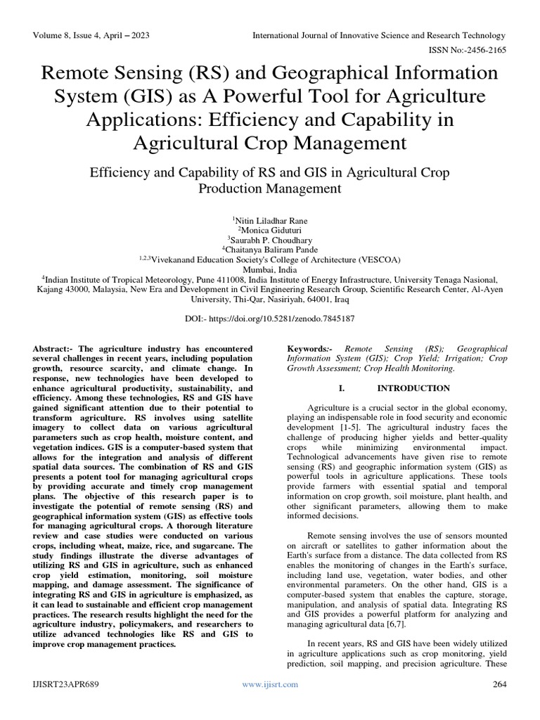 Remote Sensing (RS) and Geographical Information System (GIS) As A Powerful Tool For Agriculture ...