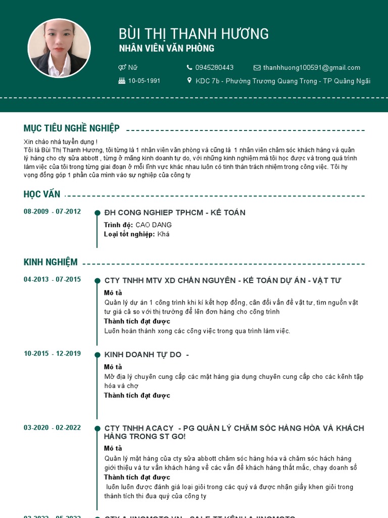 Bui Thi Thanh Huong CV Timviecnhanh Com 165640858958 | PDF