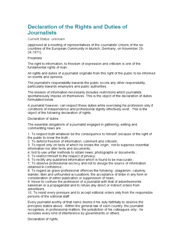 Declaration of The Rights and Duties of Journalist | PDF | Defamation ...