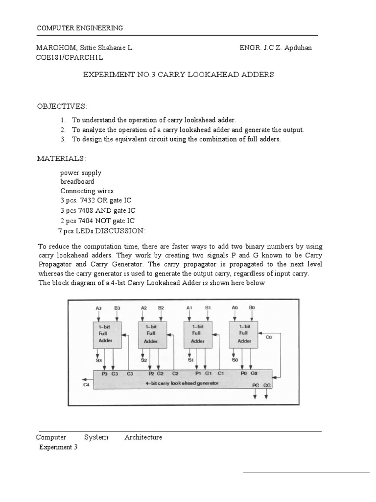 Design and Implementation of a 4-Bit Carry Lookahead Adder Using Full Adders | PDF | Computing ...