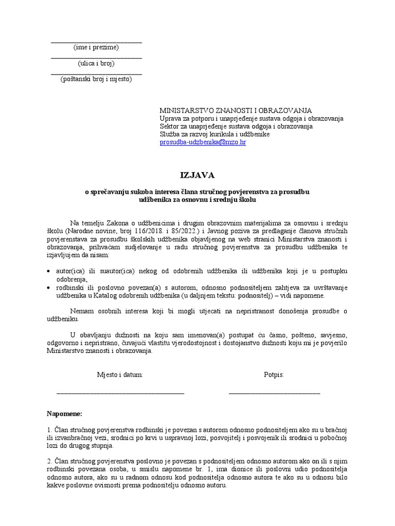 Izjava o Sprecavanju Sukoba Interesa Clana Strucnog Povjerenstva Za ...