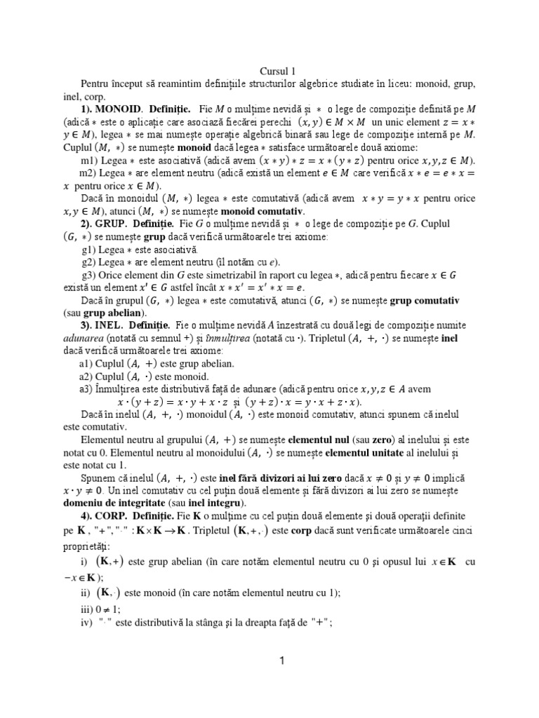 Algebra-Cursul 1 | PDF