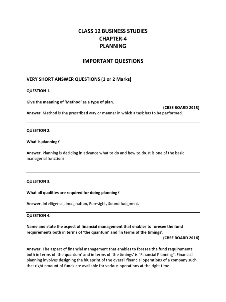 Class 12 Business Studies Chapter-4 Planning Important Questions | PDF | Policy | Planning