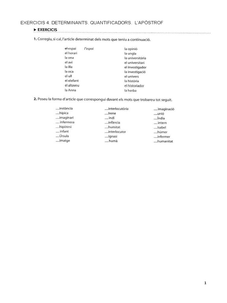 Exercicis 4. Determinants. Quantificadors. L'Apòstrof | PDF