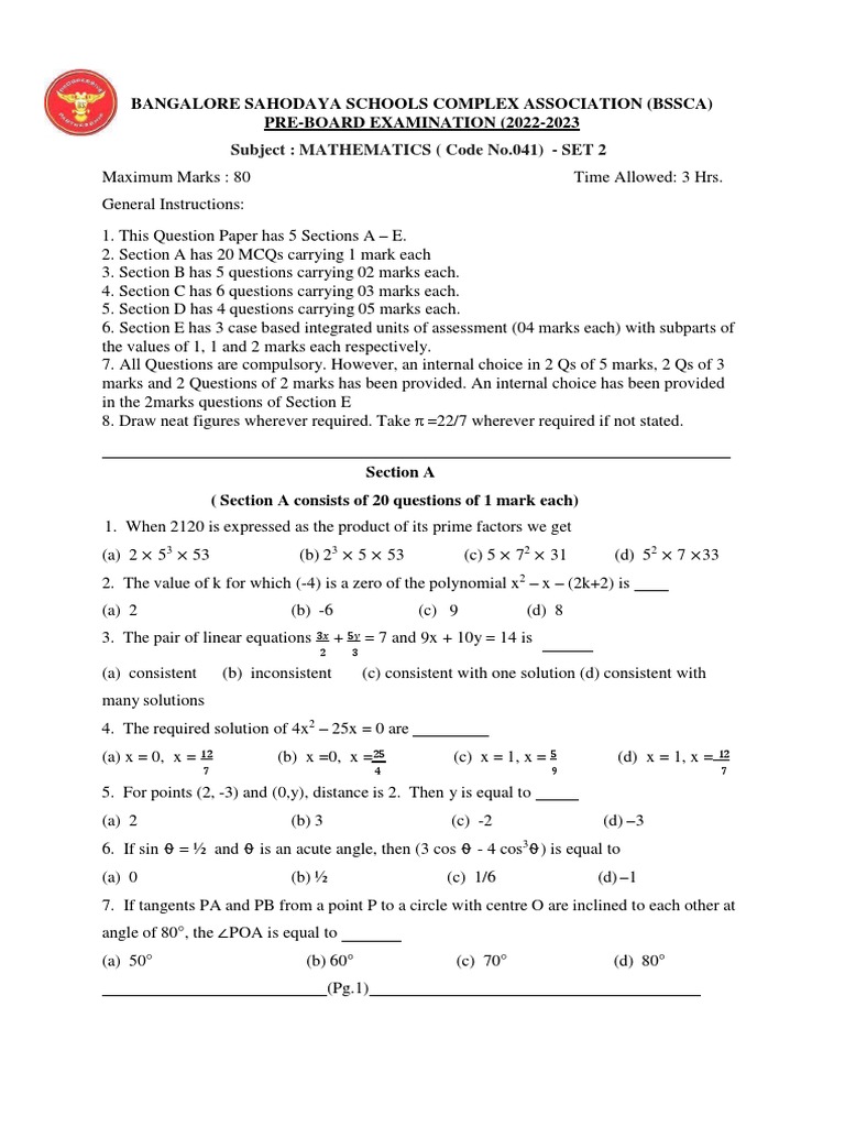 Class X Maths Set 1 | PDF | Circle | Trigonometric Functions