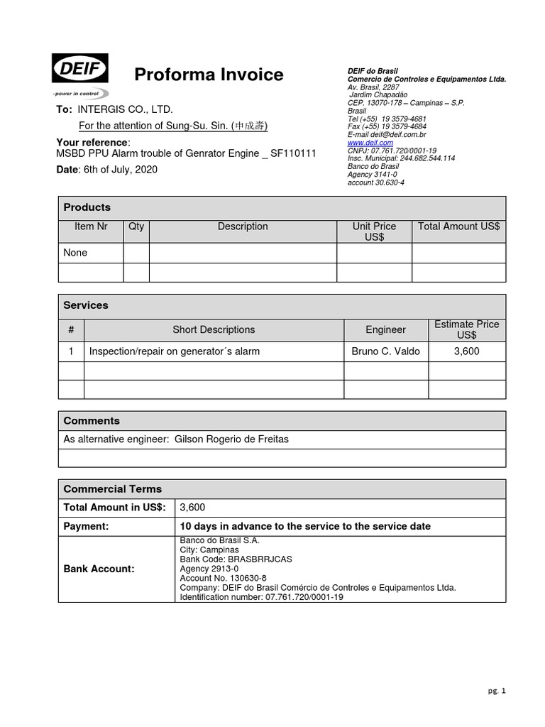 Proforma Invoice for Generator Service | PDF