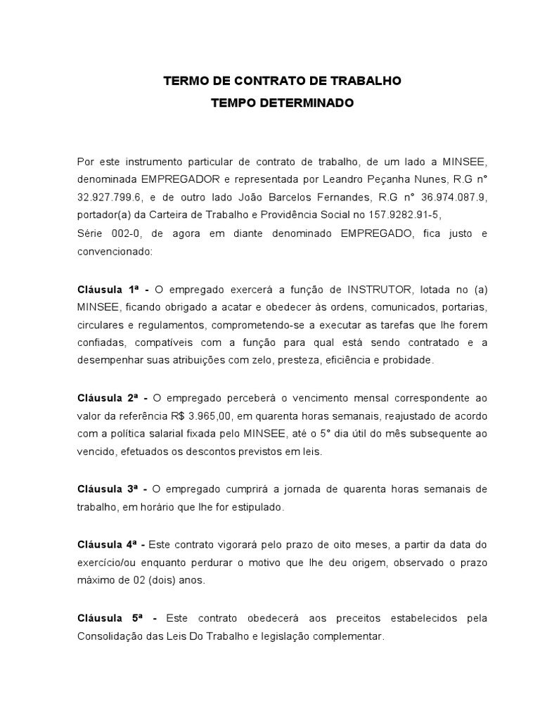 Termo de Contrato de Trabalho Tempo Determinado | PDF