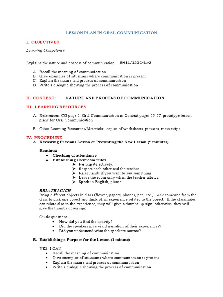 Lesson Plan On Oral Communication | PDF | Communication | Lesson Plan