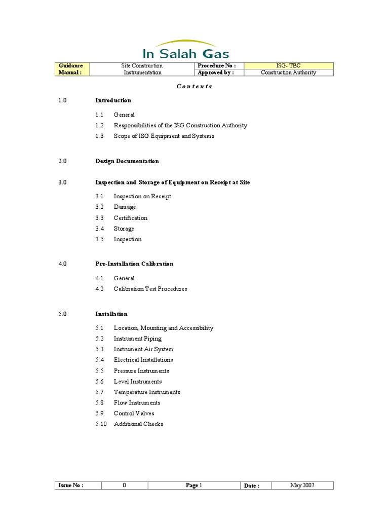 Instrumentation Site Construction Guide | PDF | Valve | Calibration