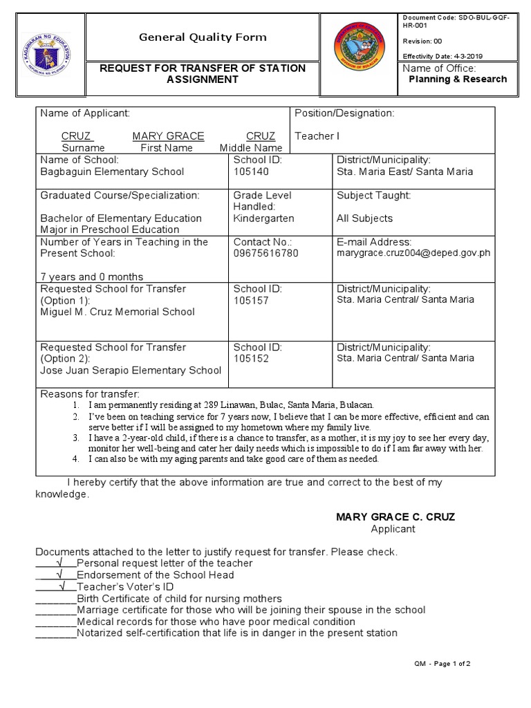 Request for School Transfer Assignment | PDF | Schools | Teachers