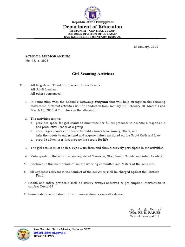 School Memo GSP January March. Activity 2023 | PDF | Scouting | Outdoor Recreation Organizations