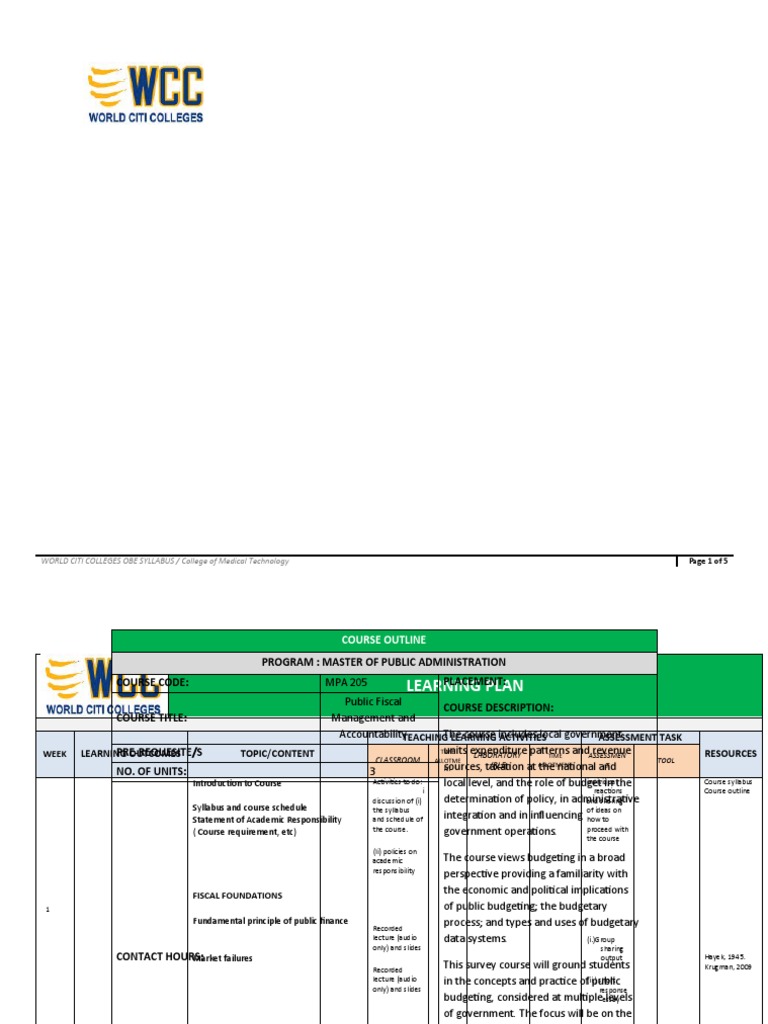 OBE Public Fiscal Management and Accountability Course Outline | PDF ...