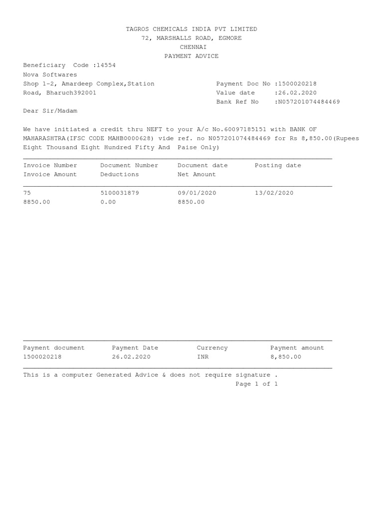 Tagros Chemicals Payment Advice Rs 8,850 | PDF