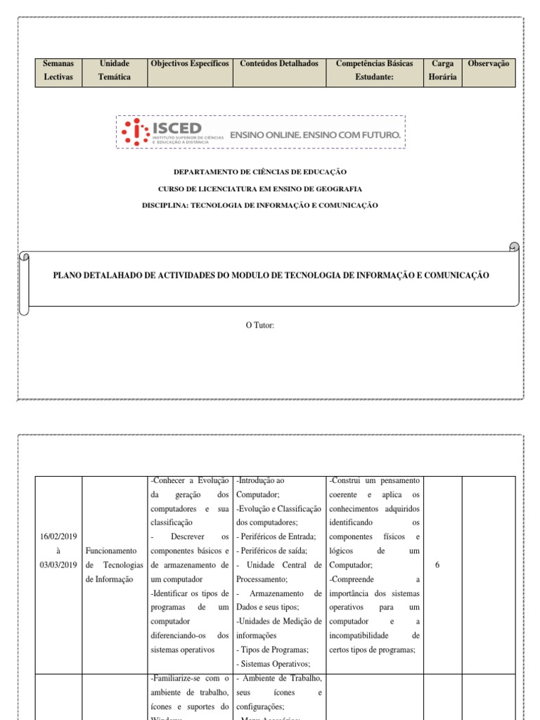 Plano Detalhado Do Modulo de Tic | PDF
