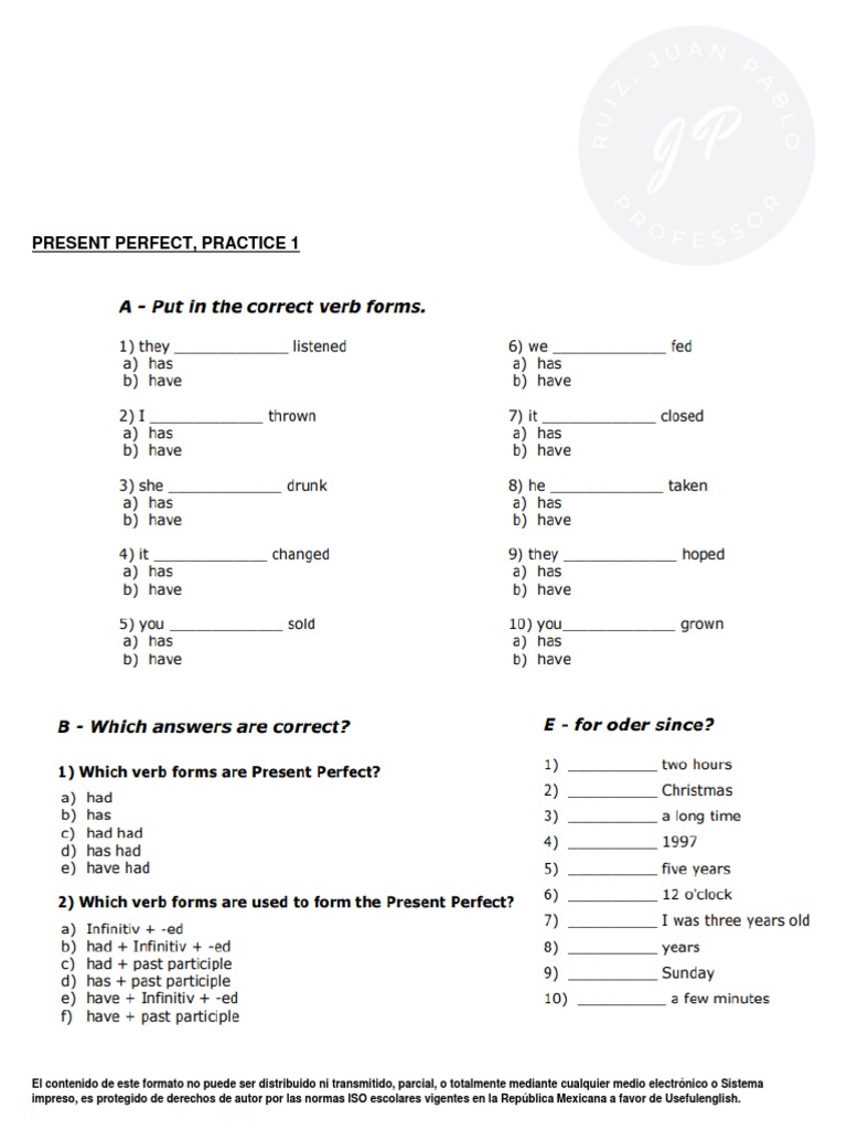 Present Perfect, Practice 1 | PDF