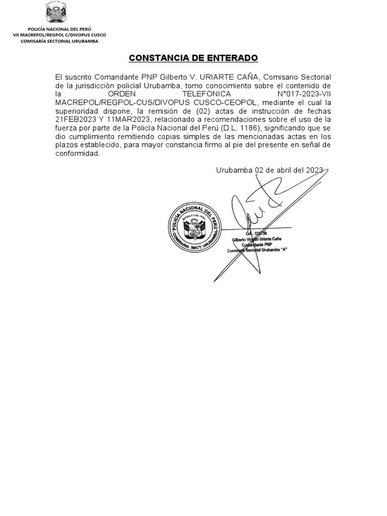 Constancia de Enterado: Policía Nacional Del Perú Vii Macrepol/Regpol C ...