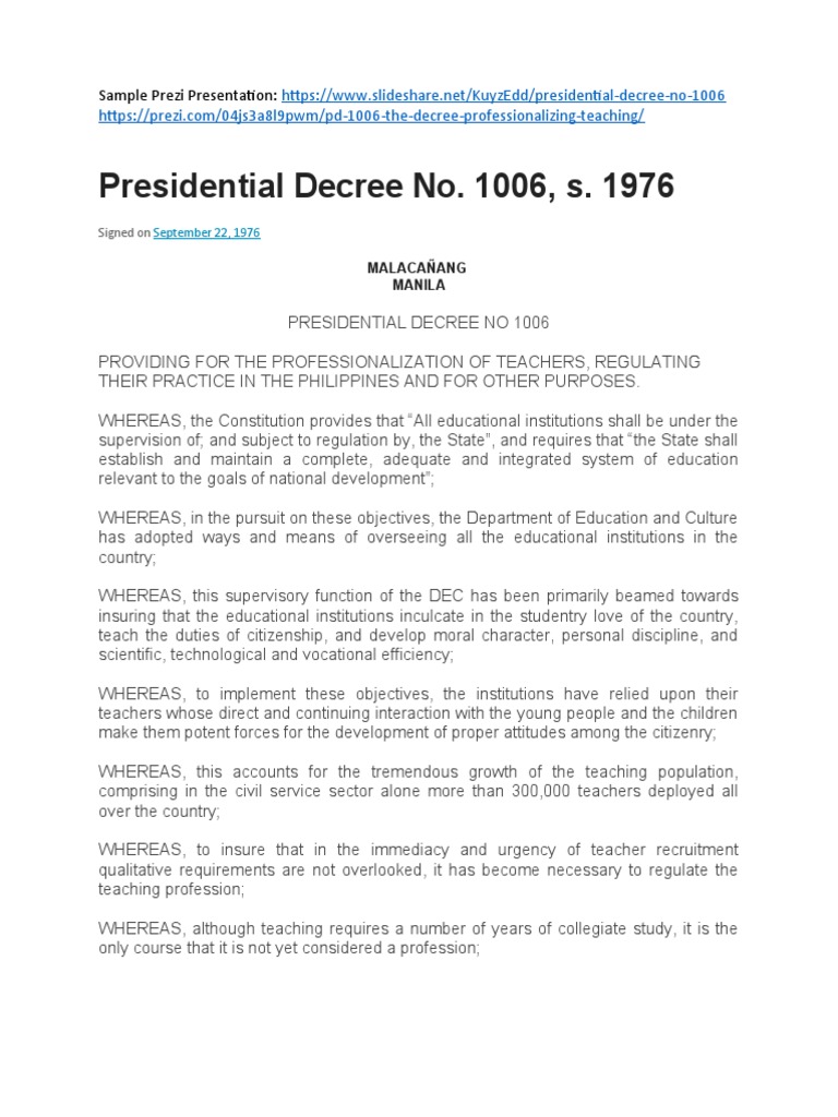 Presidential Decree No. 1006, S. 1976: Sample Prezi Presentation | PDF ...