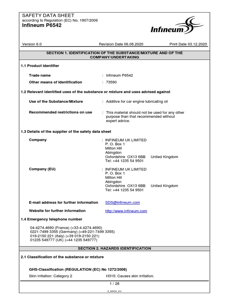 Safety Data Sheet for Infineum P6542 Additive | PDF | Toxicity | Water