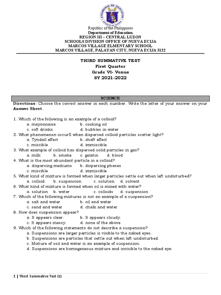 Summative Test 3-Q1 | PDF | Suspension (Chemistry) | Cartoon