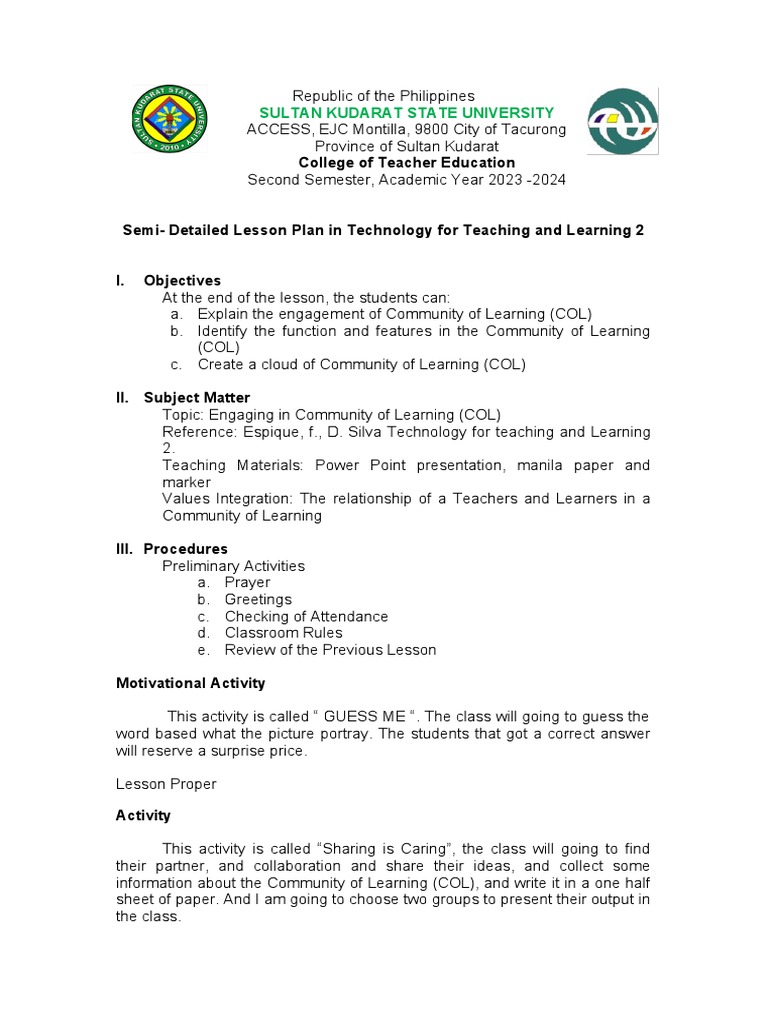 Tugade, A. - Lesson Plan, TTL2 | PDF | Learning | Teachers